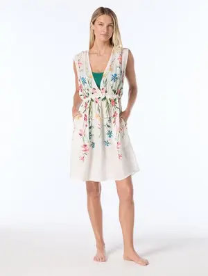 Vince Camuto Sleeveless Plunge Neck Floral Print Cover Up Dress - Ivory