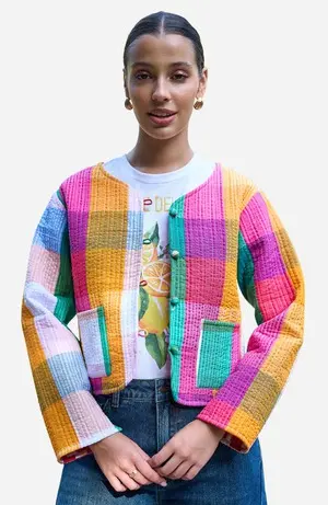 YUMI Collar Reversible Cotton Quilted Jacket Multi