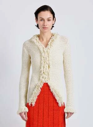 Proenza Schouler Nilo Textured Jacquard V-neck Top With Fringe Embroidery - Off White