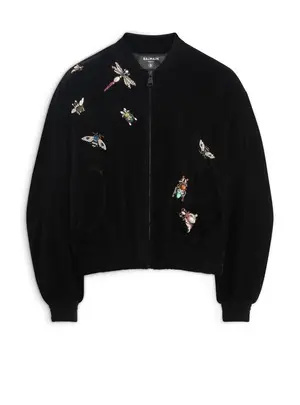 Balmain Embroidered Velvet Insect Bomber Jacket