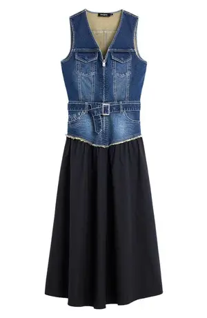 Desigual Denim Vest Midi Dress With Belt