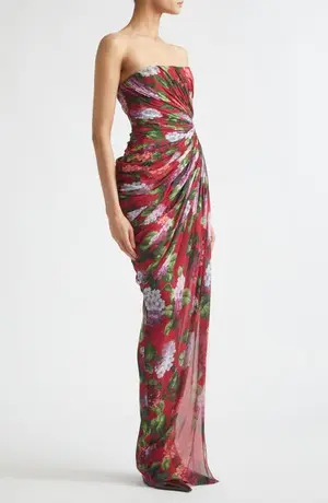 Carolina Herrera Hydrangea Print Strapless Ruched Silk Chiffon Gown