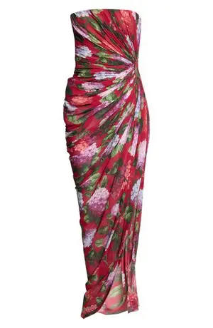 Carolina Herrera Hydrangea Print Strapless Ruched Silk Chiffon Gown