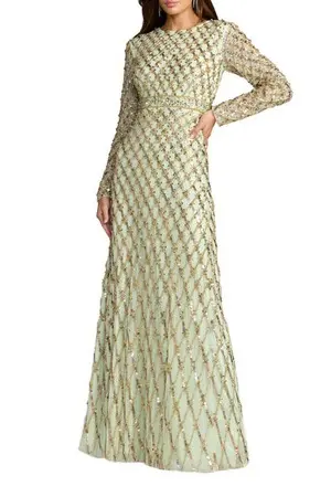 Mac Duggal Long Sleeve High Neck Beaded Gown - Sage