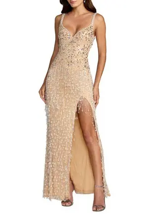 Mac Duggal Embellished V-neck Fringe Gown - Silver Nude