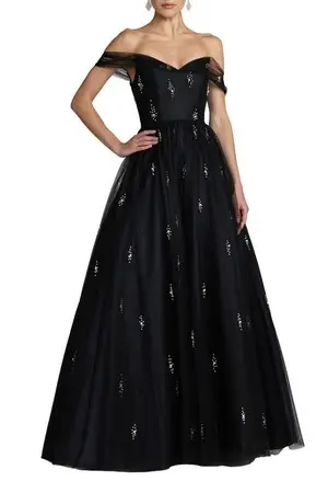 Mac Duggal Pearl Embellished Off-the-shoulder Ball Gown - Black