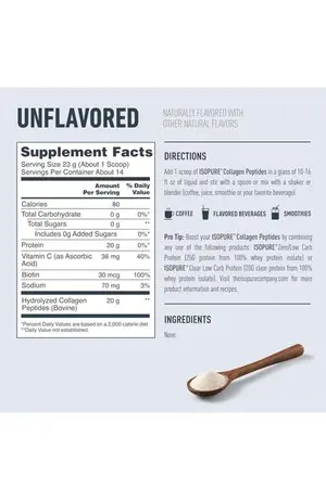 ISOPURE Collagen Peptides Powder With Vitamin C And Biotin, 20g Collagen Per Serving