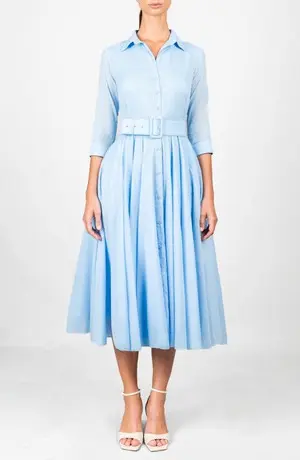 Samantha Sung Belted Midi Shirtdress - Solid Soft Blue