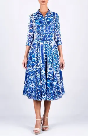 Samantha Sung Watercolor Tile A-line Belted Shirtdress - White Blue