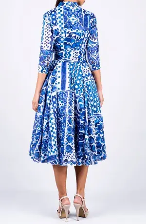 Samantha Sung Watercolor Tile A-line Belted Shirtdress