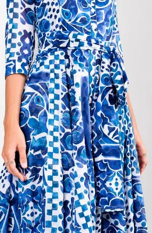 Samantha Sung Watercolor Tile A-line Belted Shirtdress