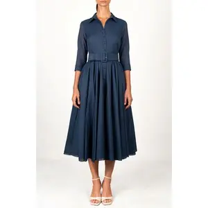 Samantha Sung A-line Belted Shirtdress - Solid Navy