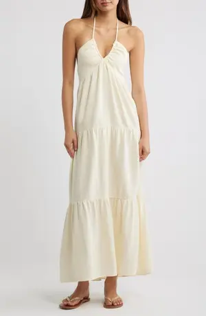 PACSUN Kenna Tiered Halter Midi Dress - Vanilla