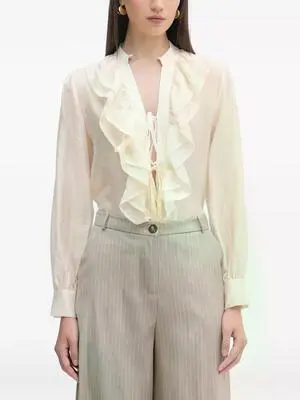 HAVEONE Cream White Ruffled Front-tie V-neck Blouse - Neutrals