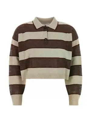 Brunello Cucinelli Cropped Striped-pattern Polo Shirt - Neutrals