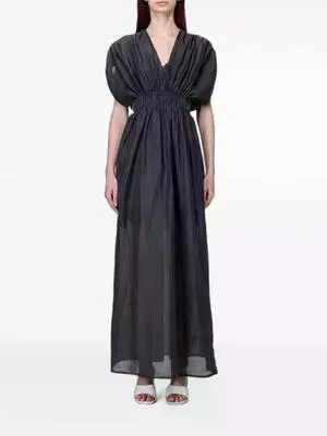 120% Lino V-neck Maxi Dress With Elasticated Waist And Braided Belt