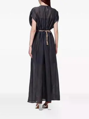 120% Lino V-neck Maxi Dress With Elasticated Waist And Braided Belt