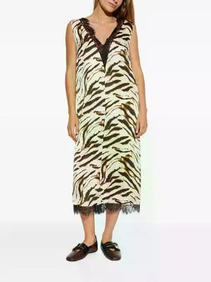 GANNI Tiger-print Lace-trim Midi Dress - Neutrals