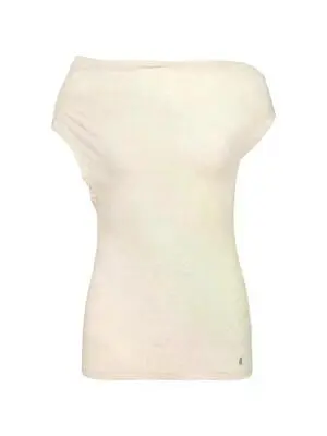 GLOWNY Draped Asymmetric Neckline Top With Logo Plaque - Neutrals