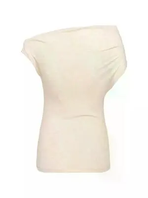 GLOWNY Draped Asymmetric Neckline Top With Logo Plaque