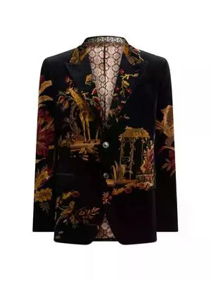 Etro Single-breasted Cotton Velvet Jacket With Placed Flower And Animal Print - Black