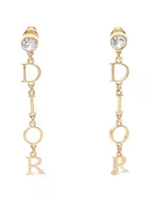 Dior Rhinestone Embellished Logo Drop Earrings - Gold