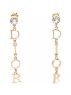 Dior Rhinestone Embellished Logo Drop Earrings - Gold