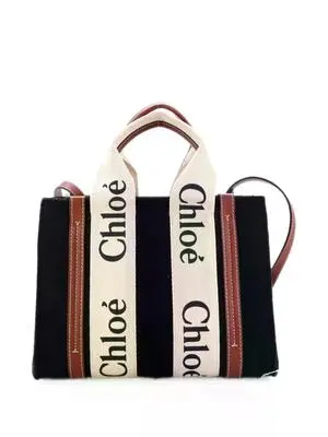 Chloé Woody Small Tote Bag In Recycled Felt With Leather And Canvas - Black