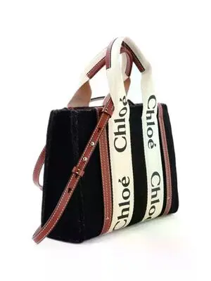 Chloé Woody Small Tote Bag In Recycled Felt With Leather And Canvas - Black