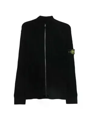 Stone Island Ribbed Knit High Neck Zip Sweater - Black