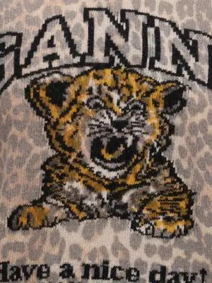 GANNI Slim Fit Animalier Print Merino Wool Jumper With Logo - Milk