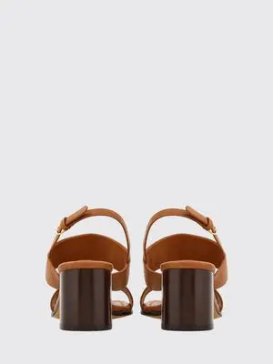 FERRAGAMO Gancini Logo Calfskin Slingback Sandals With Block Heel - Brown