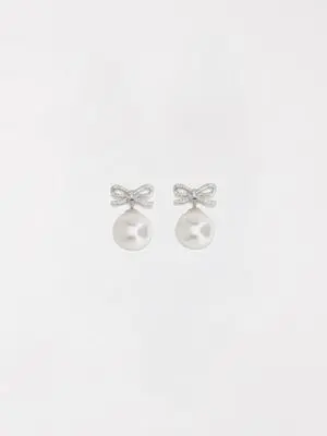 SELF-PORTRAIT Crystal Bow And Pearl Drop Earrings - Silver