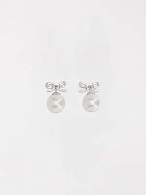 SELF-PORTRAIT Crystal Bow And Pearl Dangling Brass Earrings - Silver