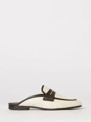 Brunello Cucinelli Bicolour Raffia And Leather Flat Mules With Penny Bar - Beige