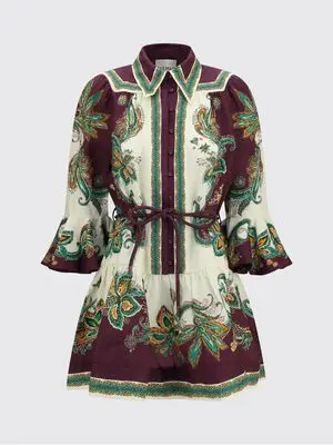 ALEMAIS Linen Mini Shirt Dress With Ethnic Print And Balloon Sleeves