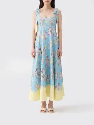ALEMAIS Floral Print Linen Long Dress With Tie Shoulders
