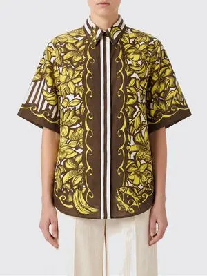 ALEMAIS Floral Print Short-sleeve Hemp Shirt - Yellow