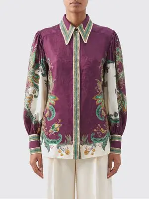 ALEMAIS Slim Fit Ethnic Print Silk-blend Shirt With Balloon Sleeves