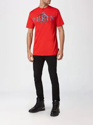 Philipp Plein Cotton T-shirt With Crew Neck And Contrasting Logo Print - Red