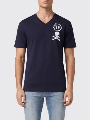 Philipp Plein V-neck Cotton T-shirt With Monogram Logo - Blue