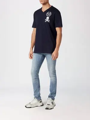 Philipp Plein V-neck Cotton T-shirt With Monogram Logo - Blue