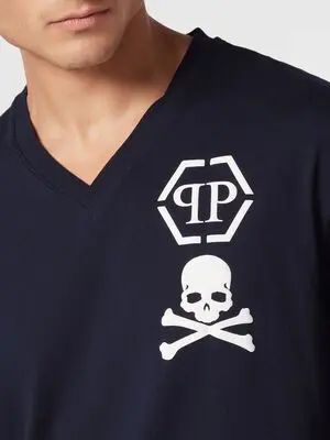 Philipp Plein V-neck Cotton T-shirt With Monogram Logo - Blue