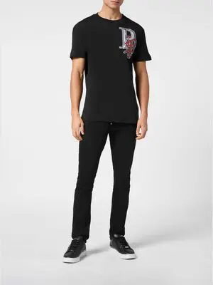 Philipp Plein Cotton T-shirt With Graphic Print And Contrast Back Logo - Black