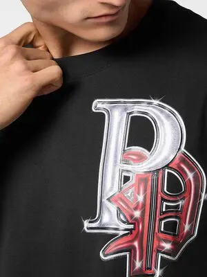Philipp Plein Cotton T-shirt With Graphic Print And Contrast Back Logo - Black