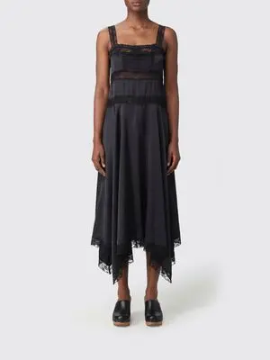 GANNI Asymmetrical Silk Midi Dress With Lace Inserts - Black