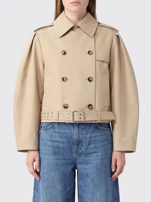GANNI Cropped Double-breasted Cotton Trench Coat With Balloon Sleeves - Sand