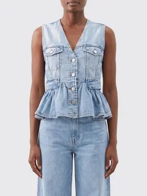GANNI Ganni Slim Fit V-Neck Denim Top With Flounces Gnawed Blue