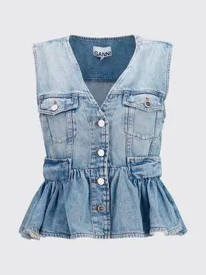 GANNI Slim Fit V-neck Denim Top With Flounces - Gnawed Blue