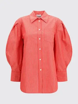 GANNI Striped Cotton Shirt With Balloon Sleeves - Red